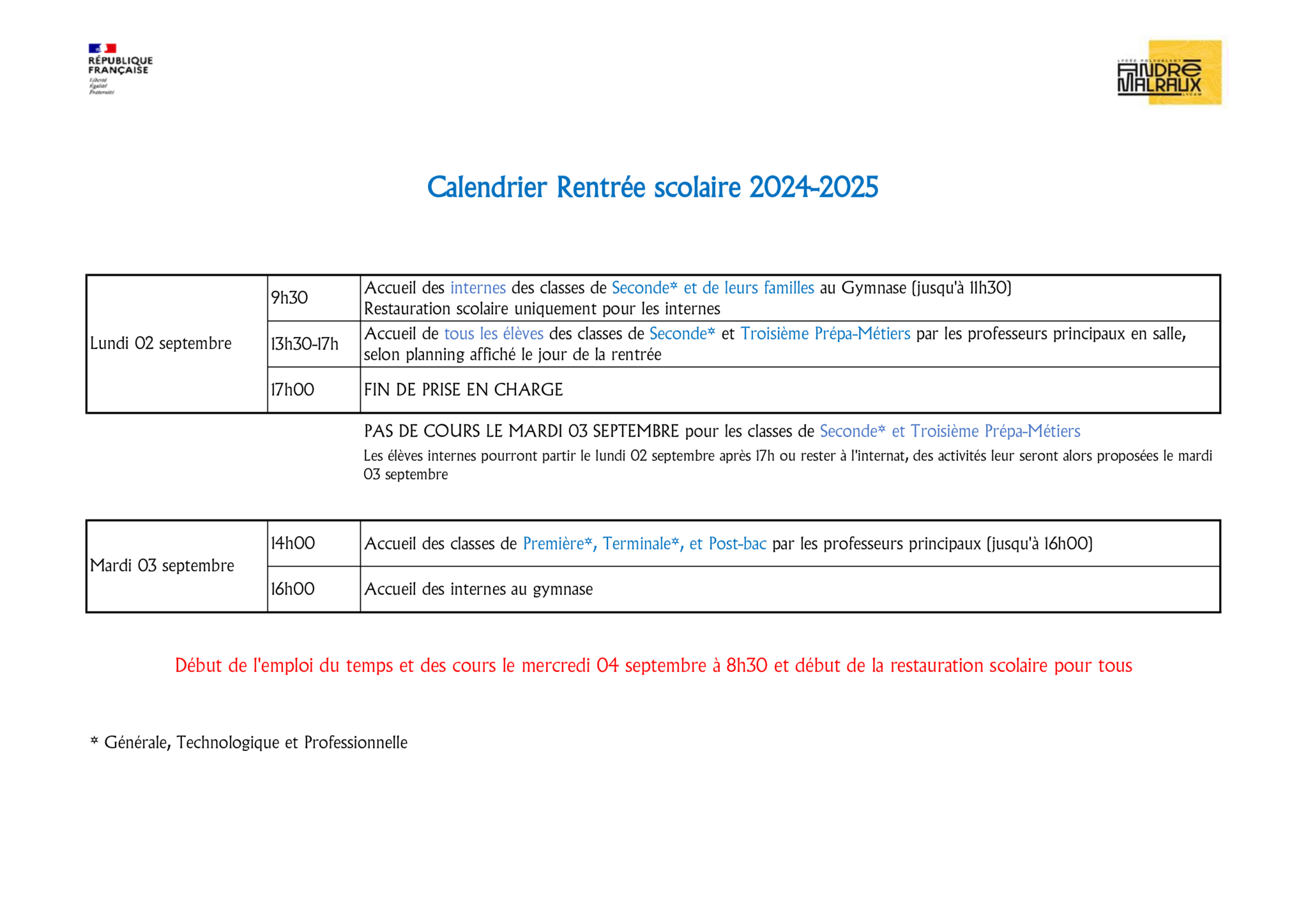 Calendrier de la rentrée 2024 – 2025 – Lycée André Malraux